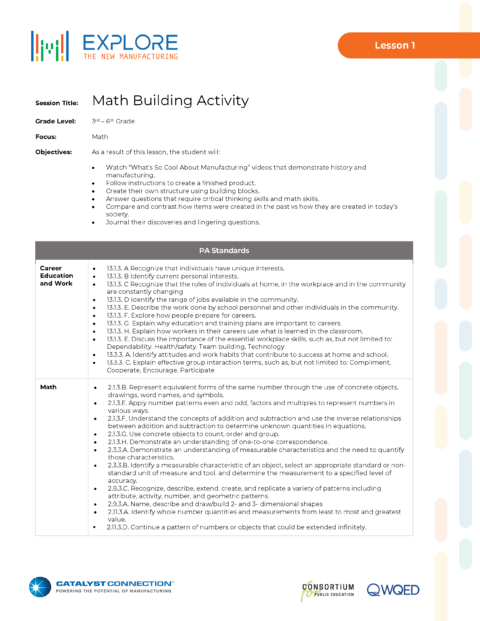 Lesson 1: Math Building Activity - Explore the New Manufacturing